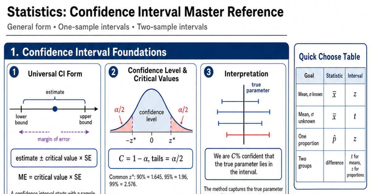 Confidence Interval Master Reference Cheat Sheet | LivePhysics™