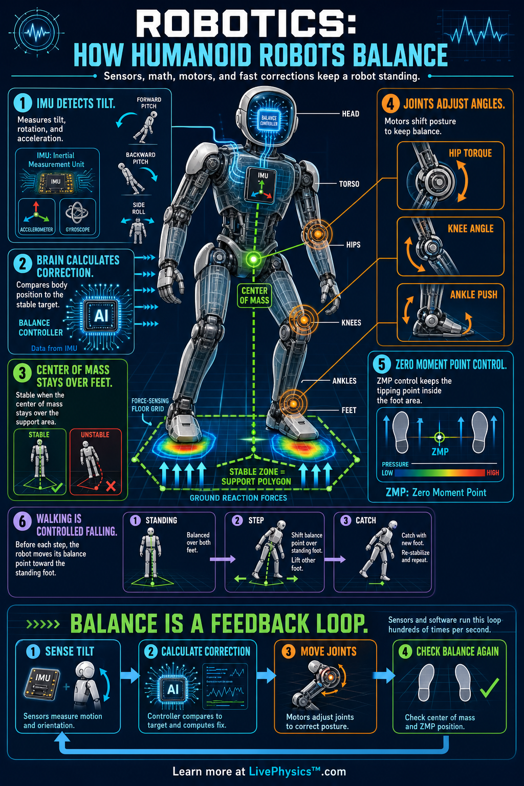 How Humanoid Robots Balance Infographic | LivePhysics™